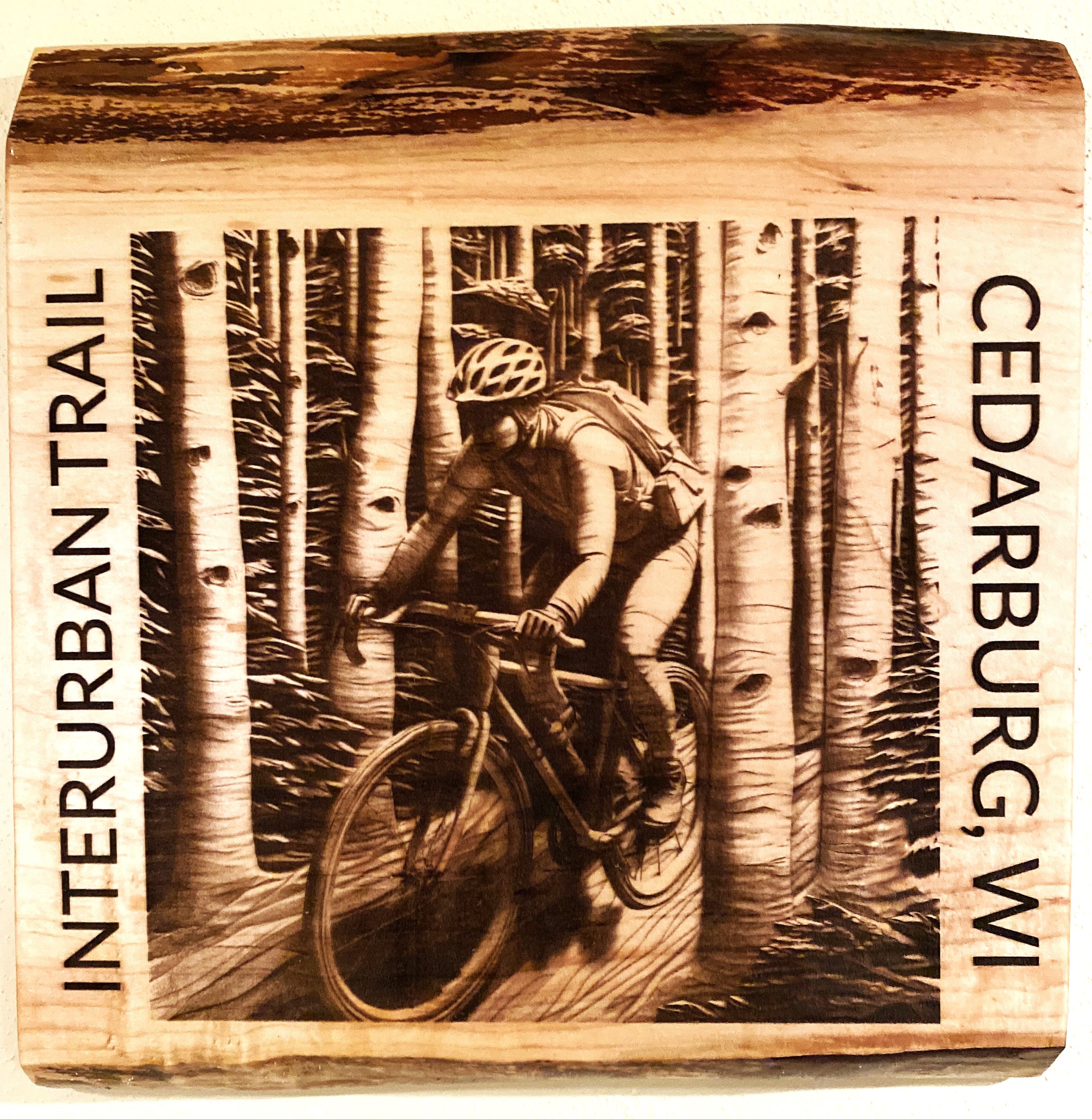 Live Edge Engraved Bicycling Scene | Engraved Bicycle in Woods | Engra ...