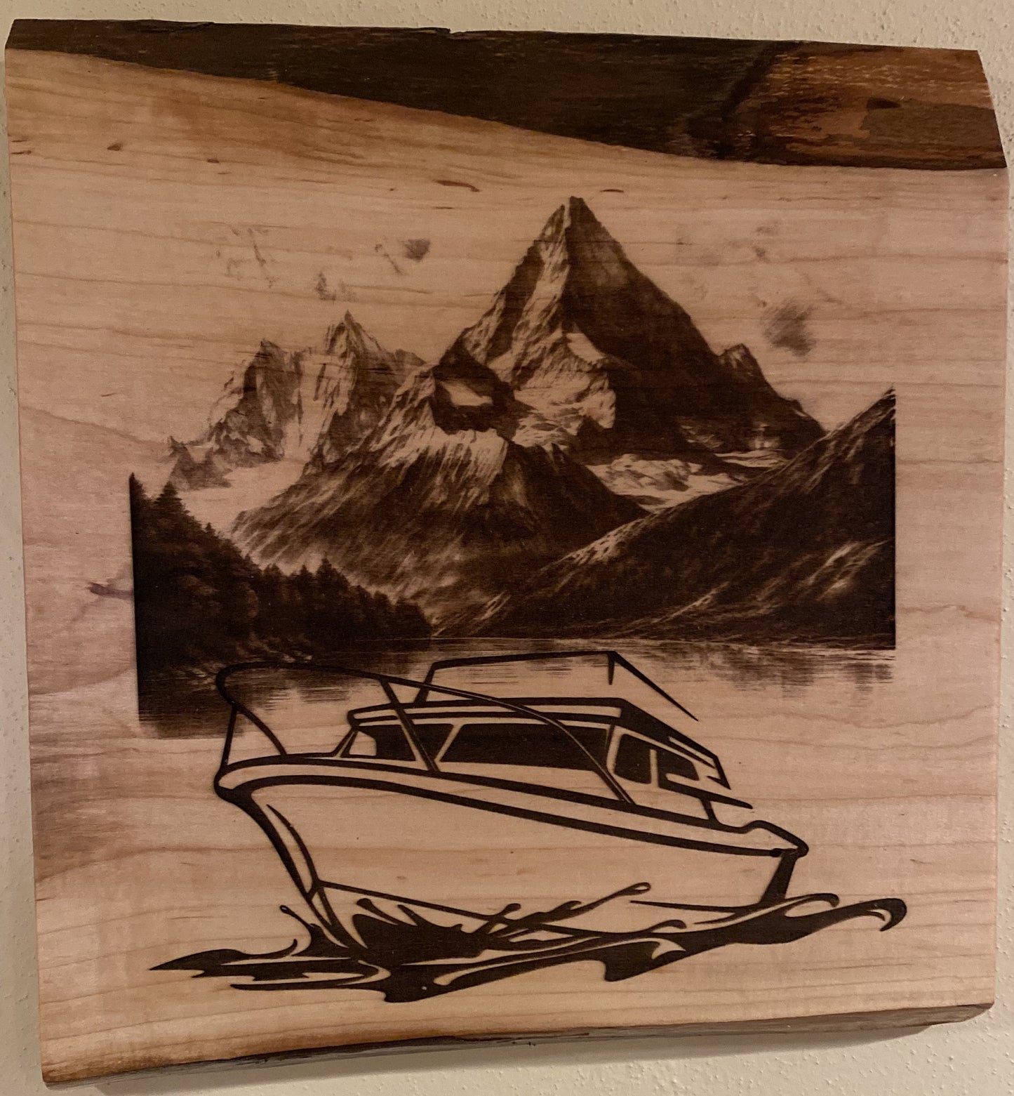 Live Edge Engraved Boating Scene in a Mountain Lake | Engraved Powerbo ...