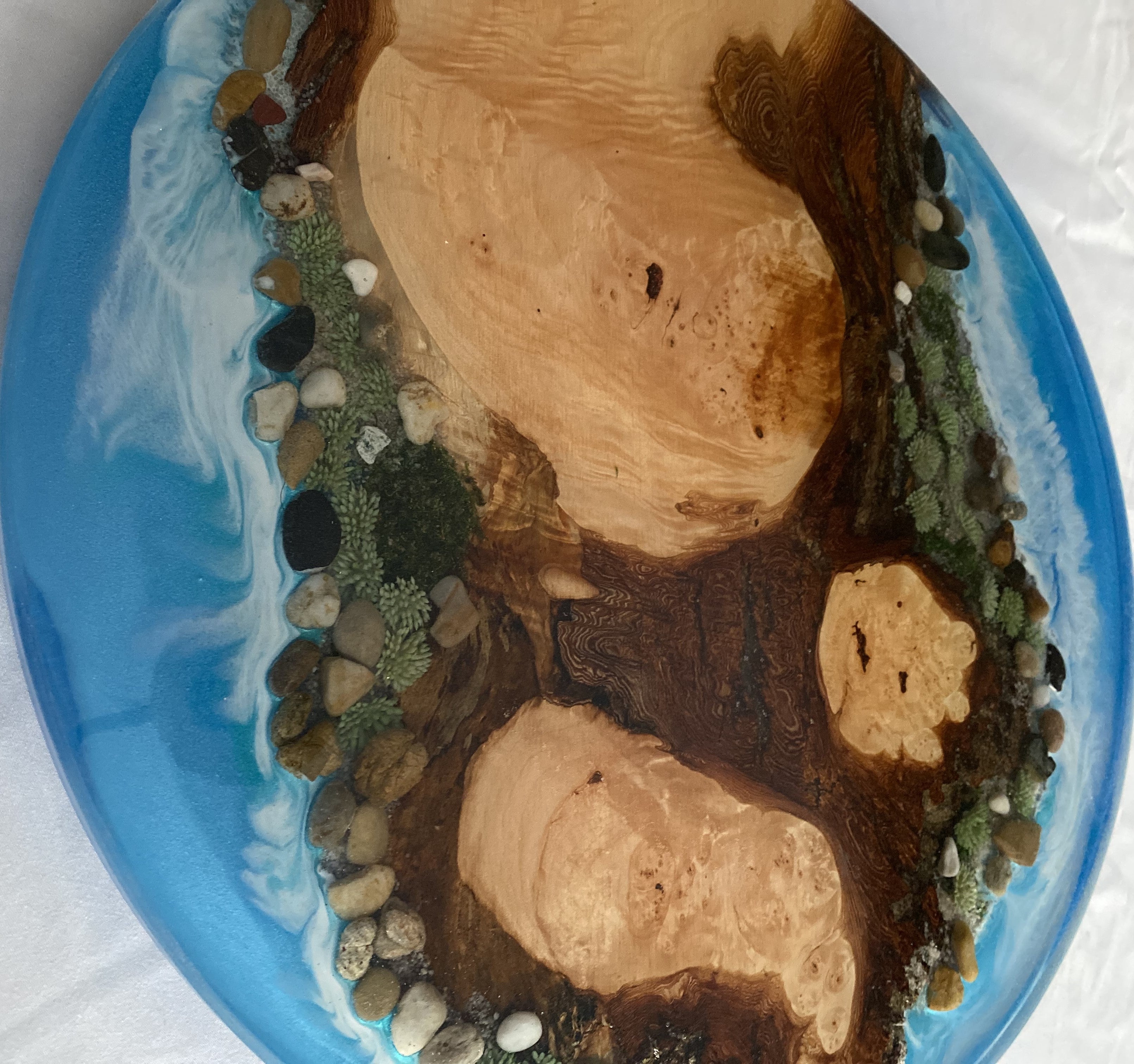 18" Wood & Epoxy Lazy Susan with Epoxy River, River Rocks and Foliage ...